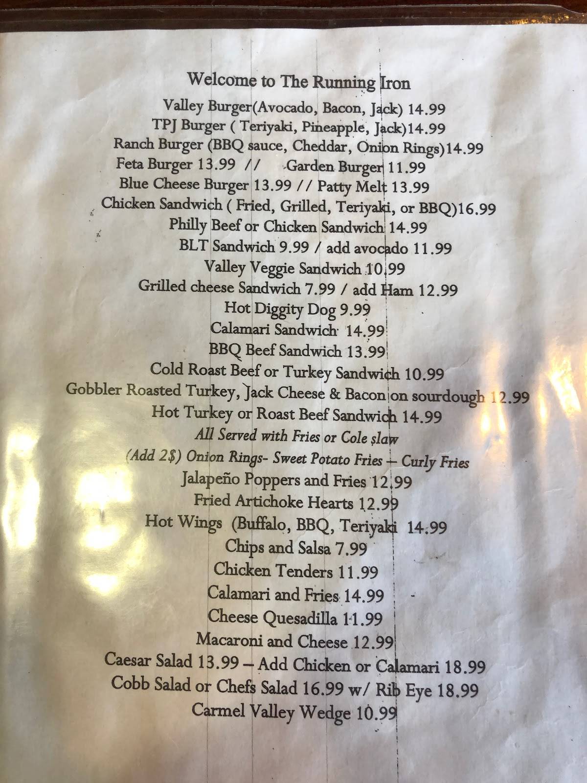 Menu at Running Iron pub & bar, Carmel Valley