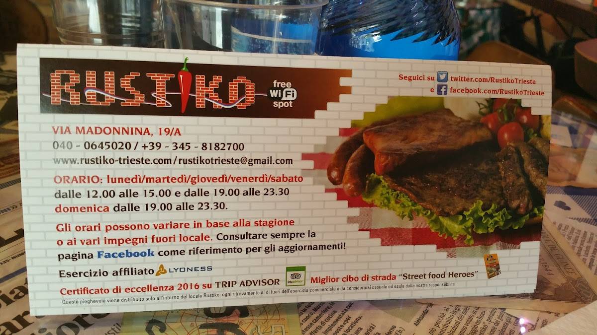 Carta del restaurante Rustiko, Trieste, Via della Madonnina
