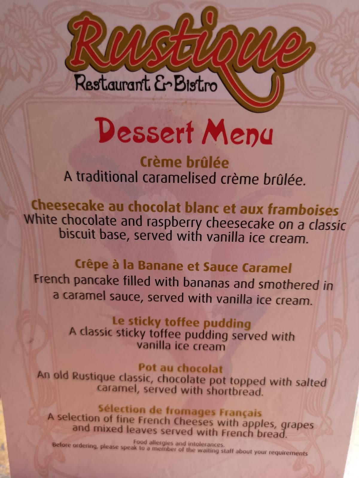 Menu at Rustique Restaurant, York, 28 Castlegate