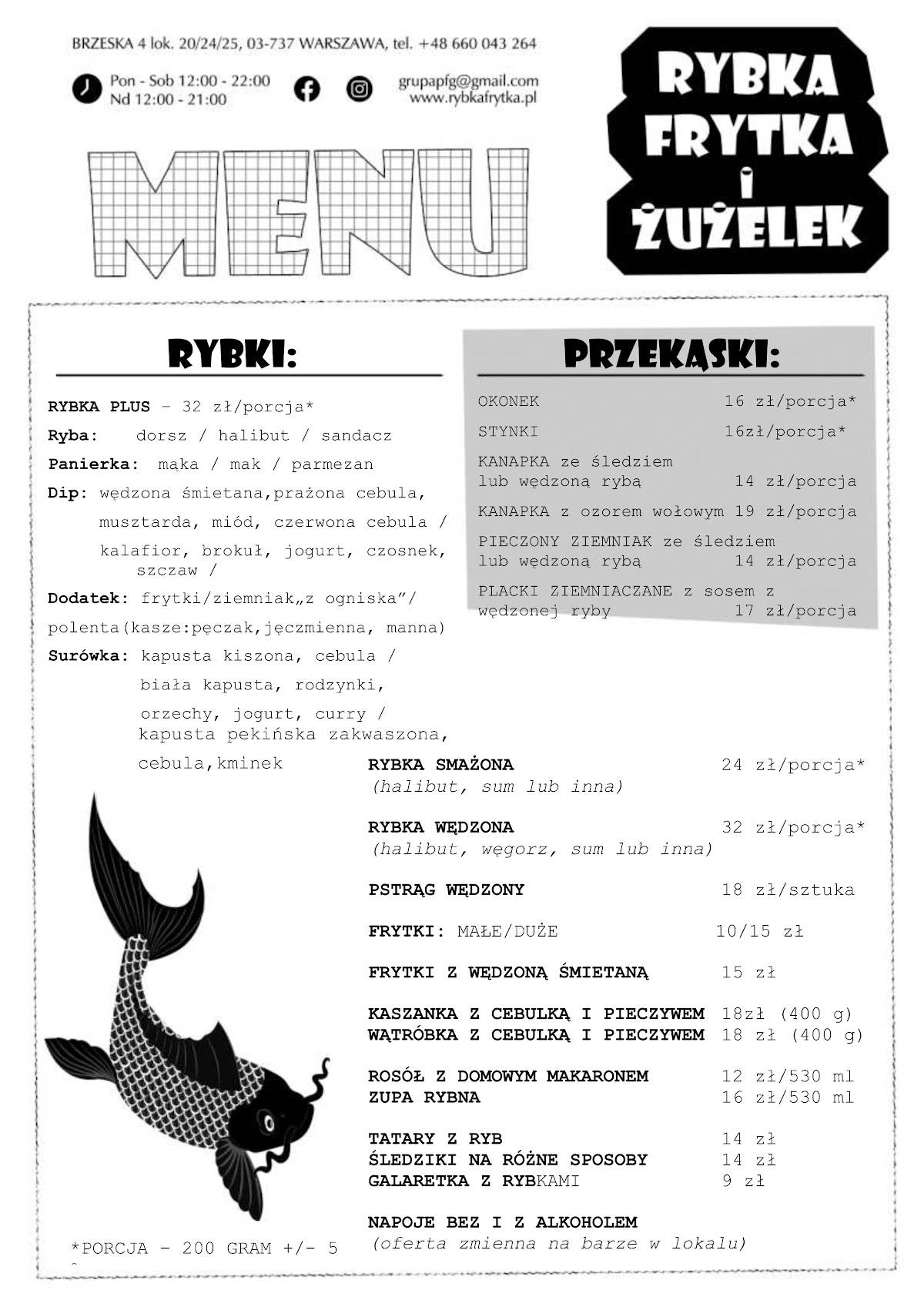 Menu at Rybka Frytka i Żużelek restaurant, Warsaw