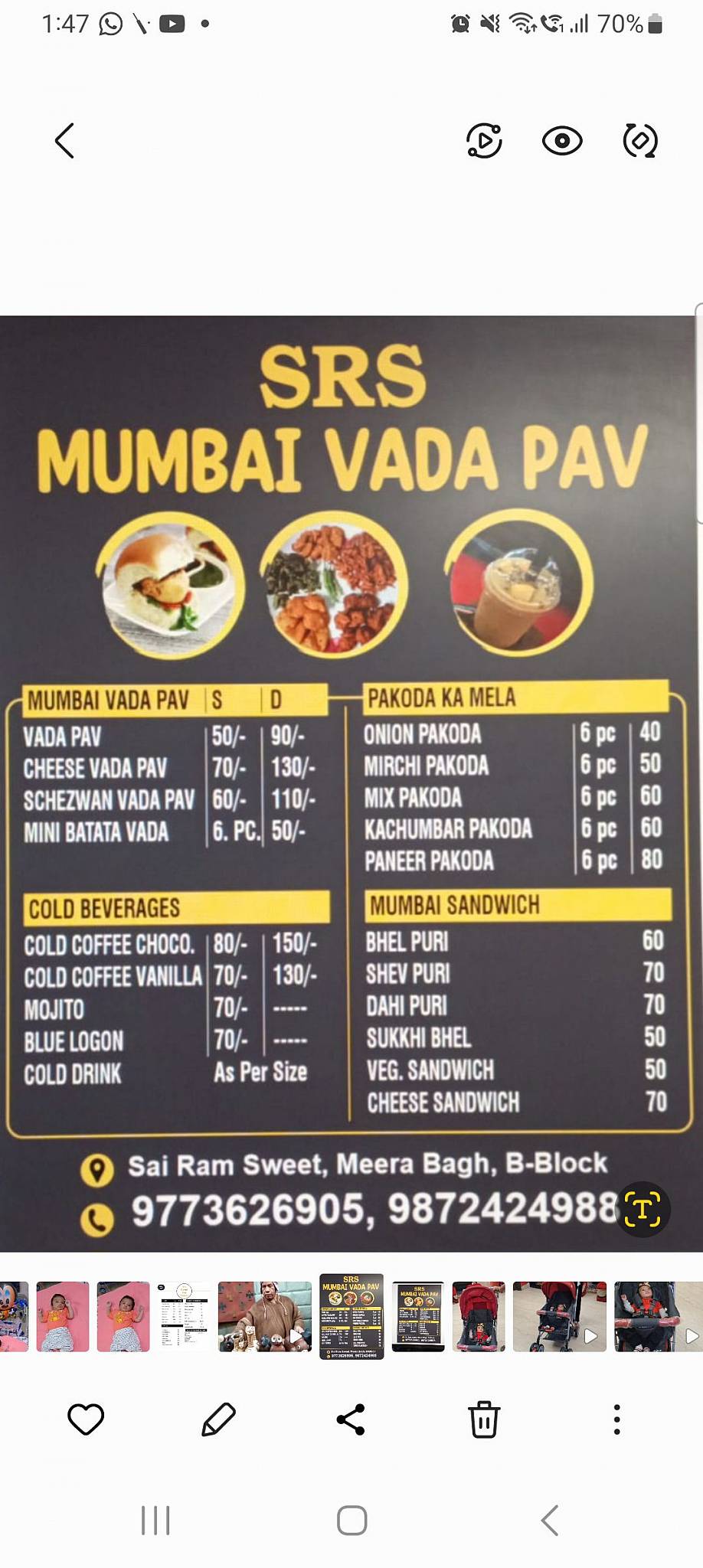 Menu at SRS Mumbai vada pav, Delhi
