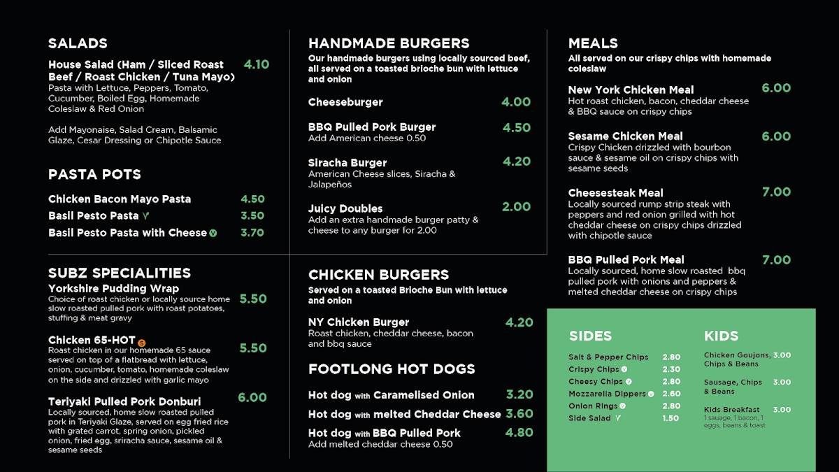Menu at SUBZ Cafe, South Elmsall