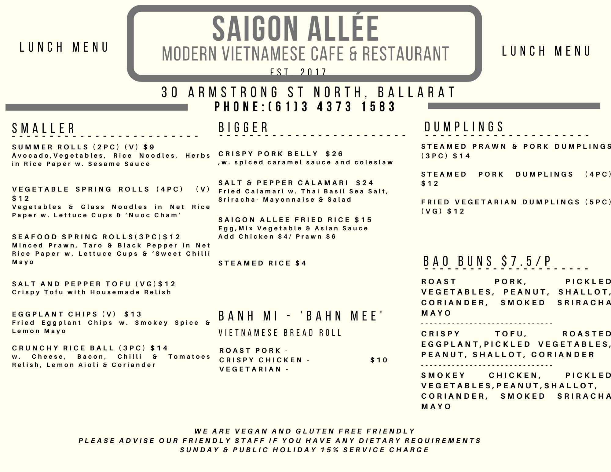 Menu at Saigon Allee restaurant, Ballarat Central