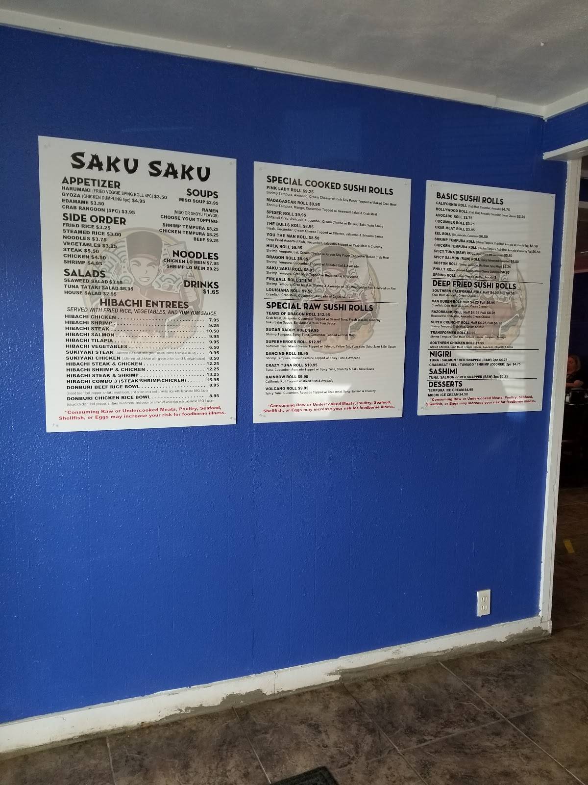 Menu at Saku Saku Hibachi Grill restaurant, Van Buren, Fayetteville Rd