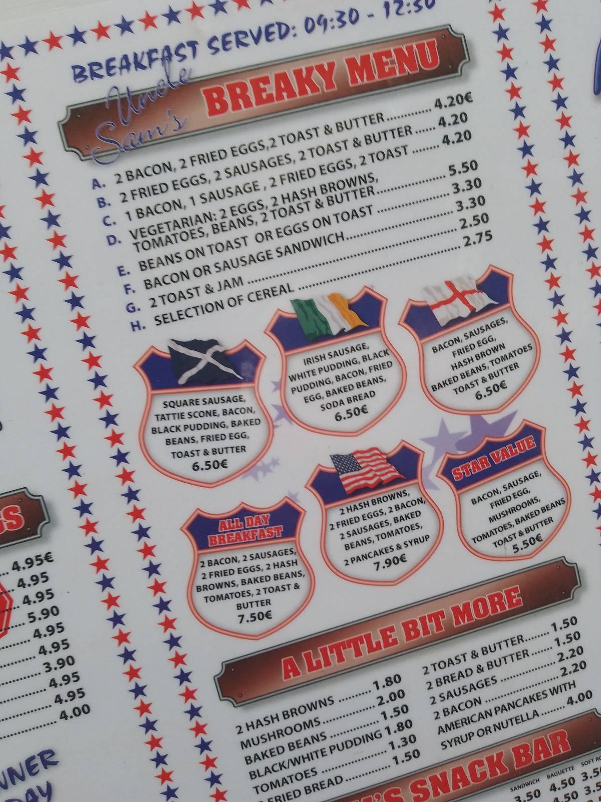 Menu at Uncle Sam's steakhouse, Salou