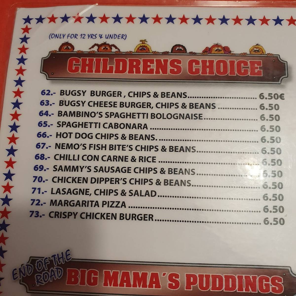 Menu at Uncle Sam's steakhouse, Salou