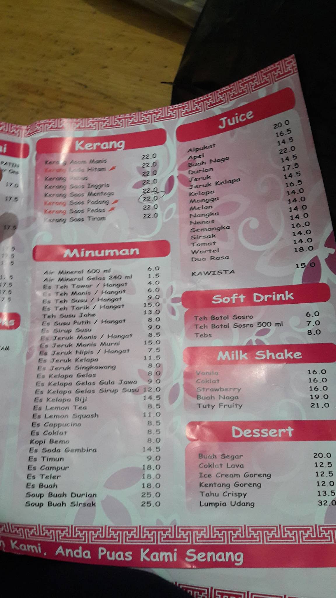 Menu at Rumah Makan Bemo restaurant, Samarinda