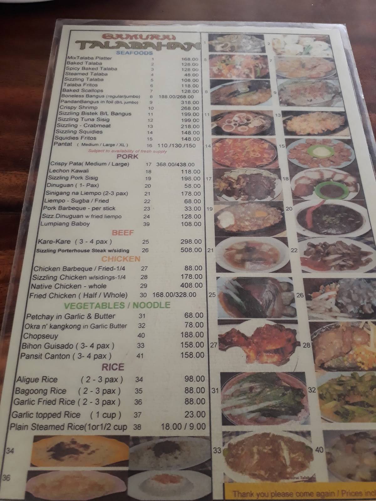 Menu at Samurai Talabahan restaurant, Iloilo City