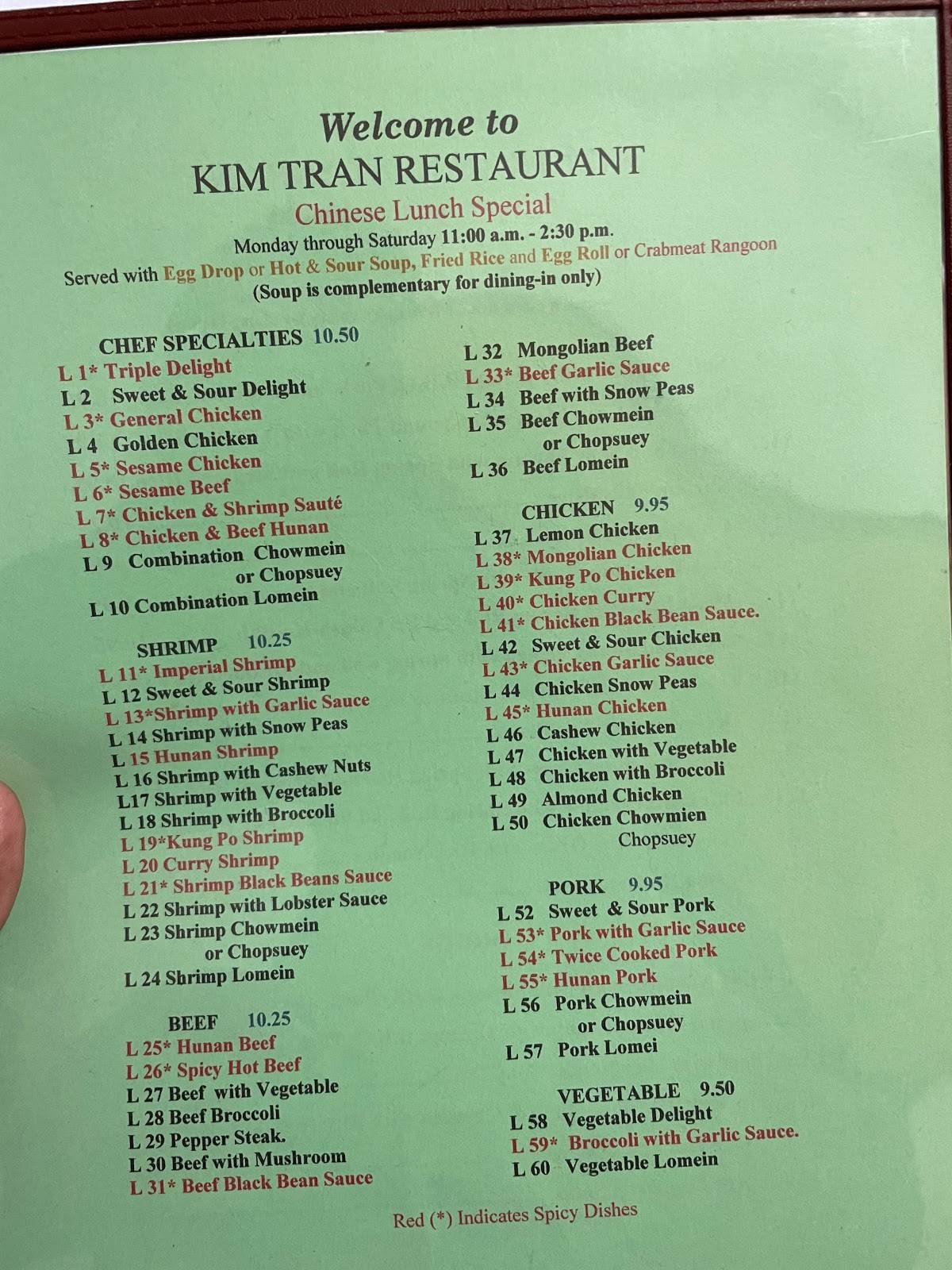 Menu at Kim Tran Restaurant, San Antonio