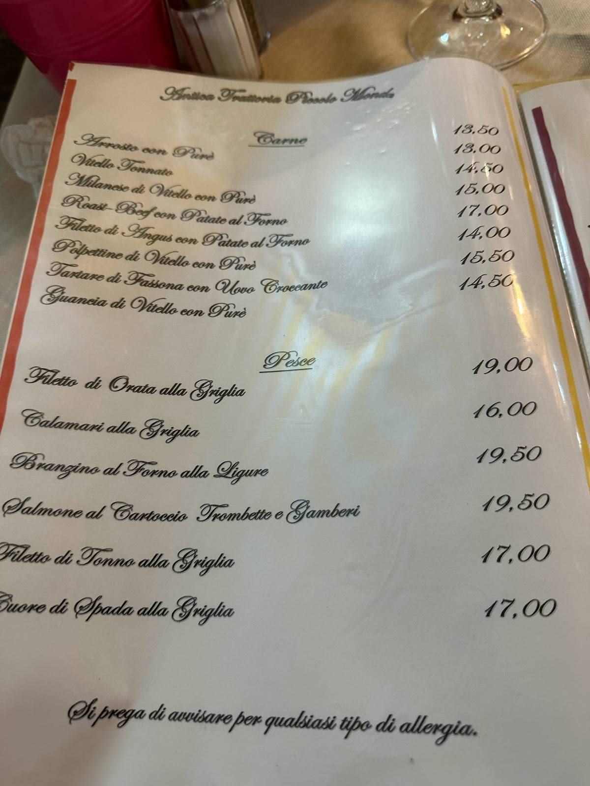 Menu au Ristorante Piccolo Mondo, SAN REMO