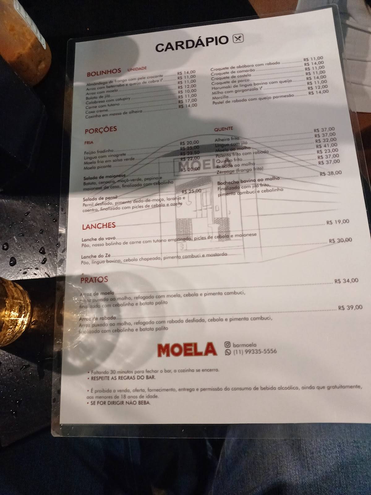 Menu em Bar Moela, São Paulo, R. Canuto do Val