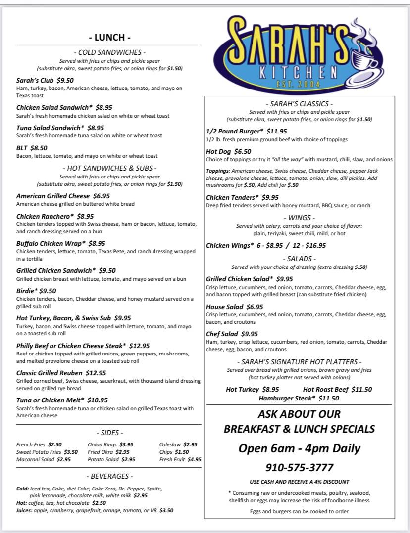 Menu at Sarah's Kitchen restaurant, Ocean Isle Beach