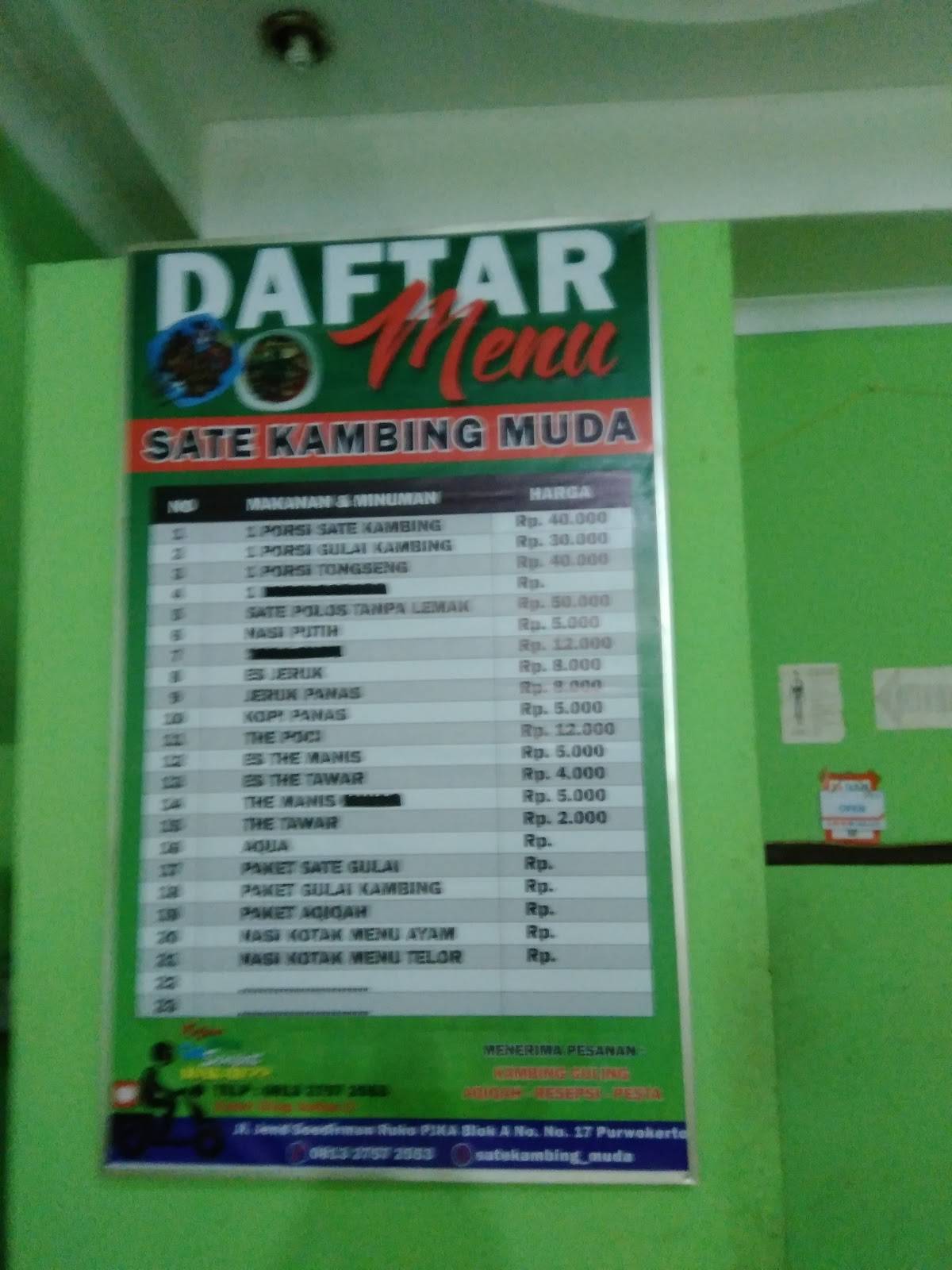 Menu at Sate Kambing Muda Pak Yani restaurant, Purwokerto, Ruko PJKA ...