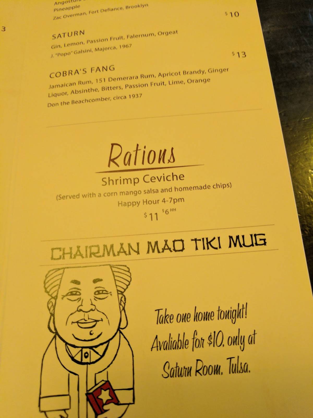 Menu at Saturn Room pub & bar, Tulsa