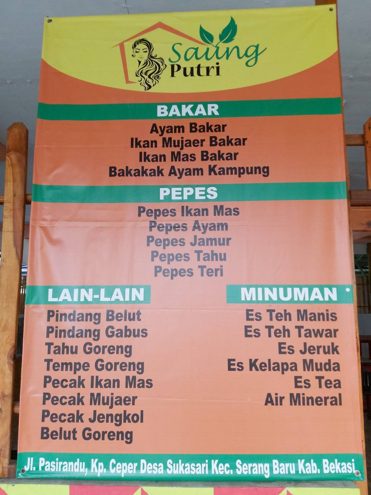Menu at Saung Putri restaurant, Bekasi Regency