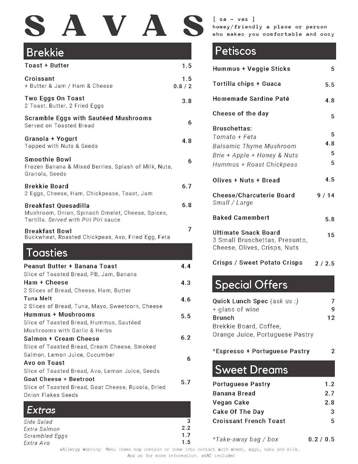 Menu at Savas cafe, Lisbon