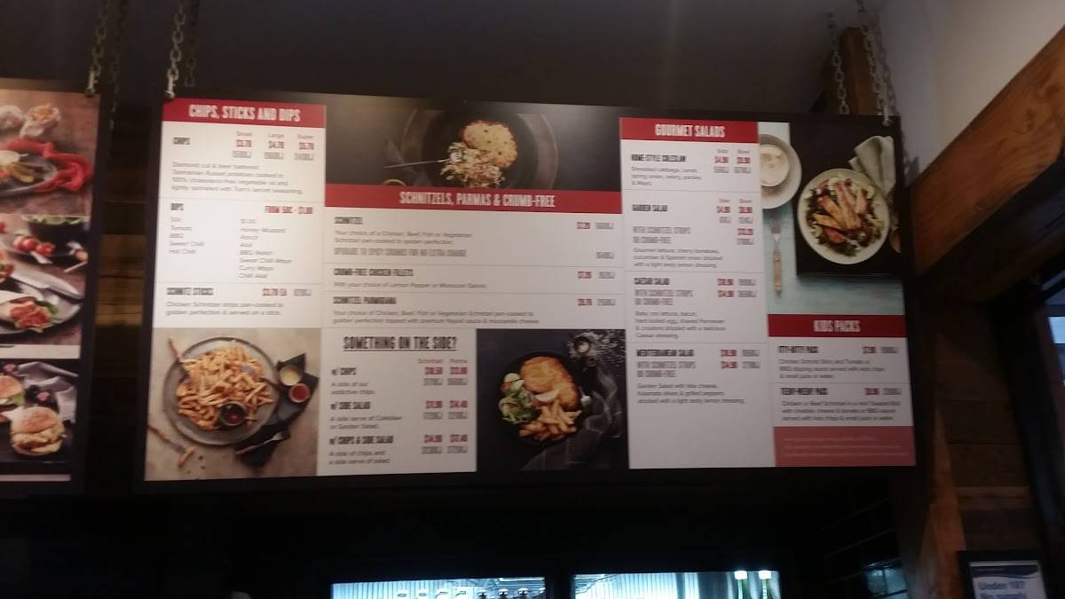Menu at Schnitz QV fast food, Melbourne, 28 Artemis Ln