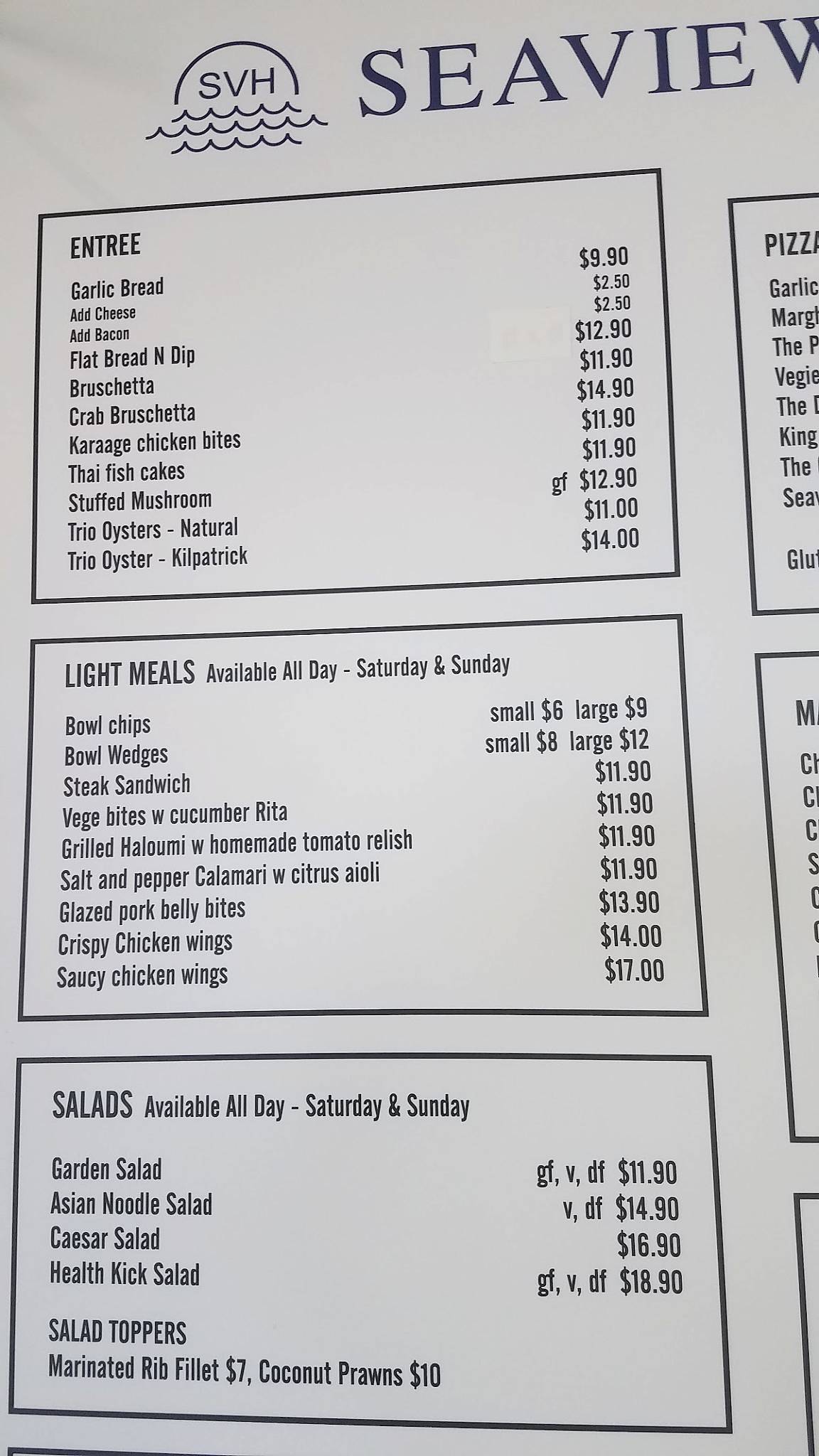 Menu at Seaview Hotel pub & bar, Townsville