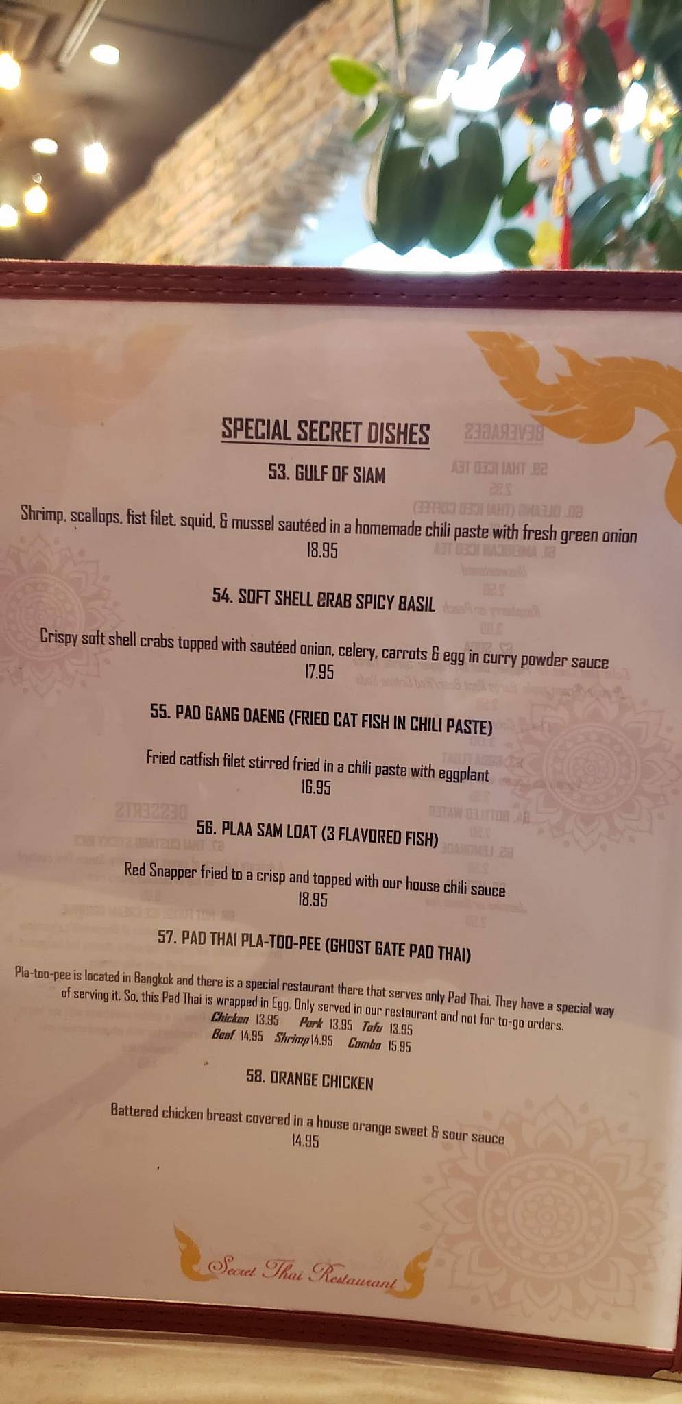 Menu at Secret Thai Restaurant, Chalmette