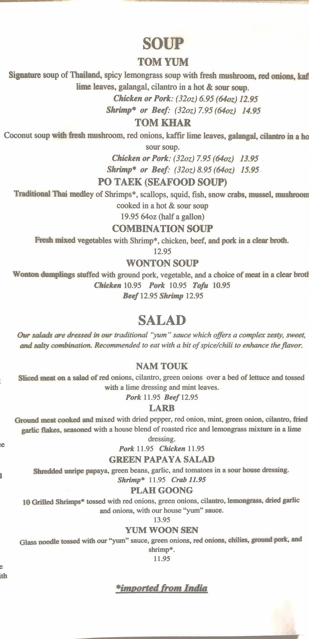 Menu at Secret Thai Restaurant, Chalmette