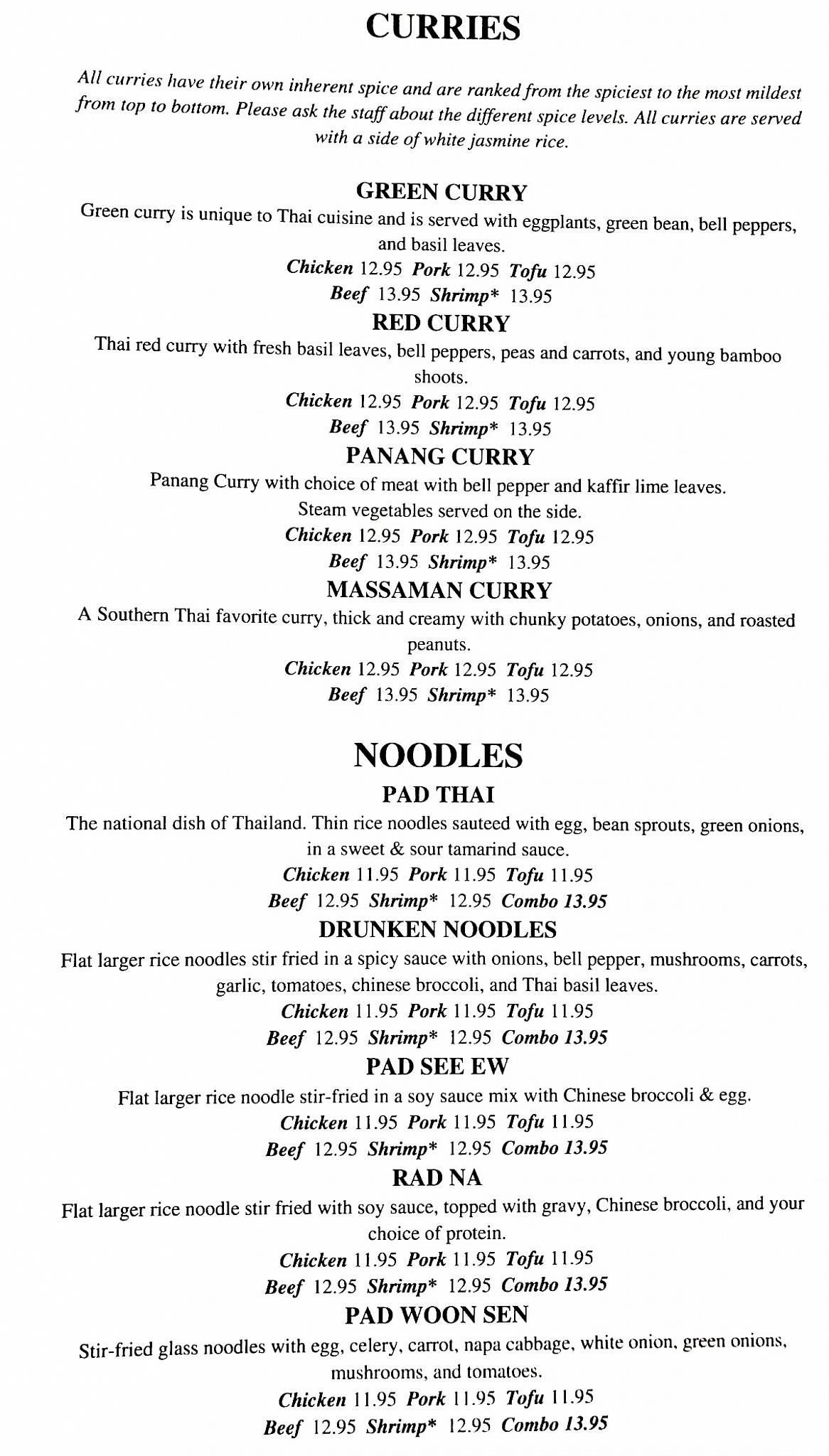 Menu at Secret Thai Restaurant, Chalmette