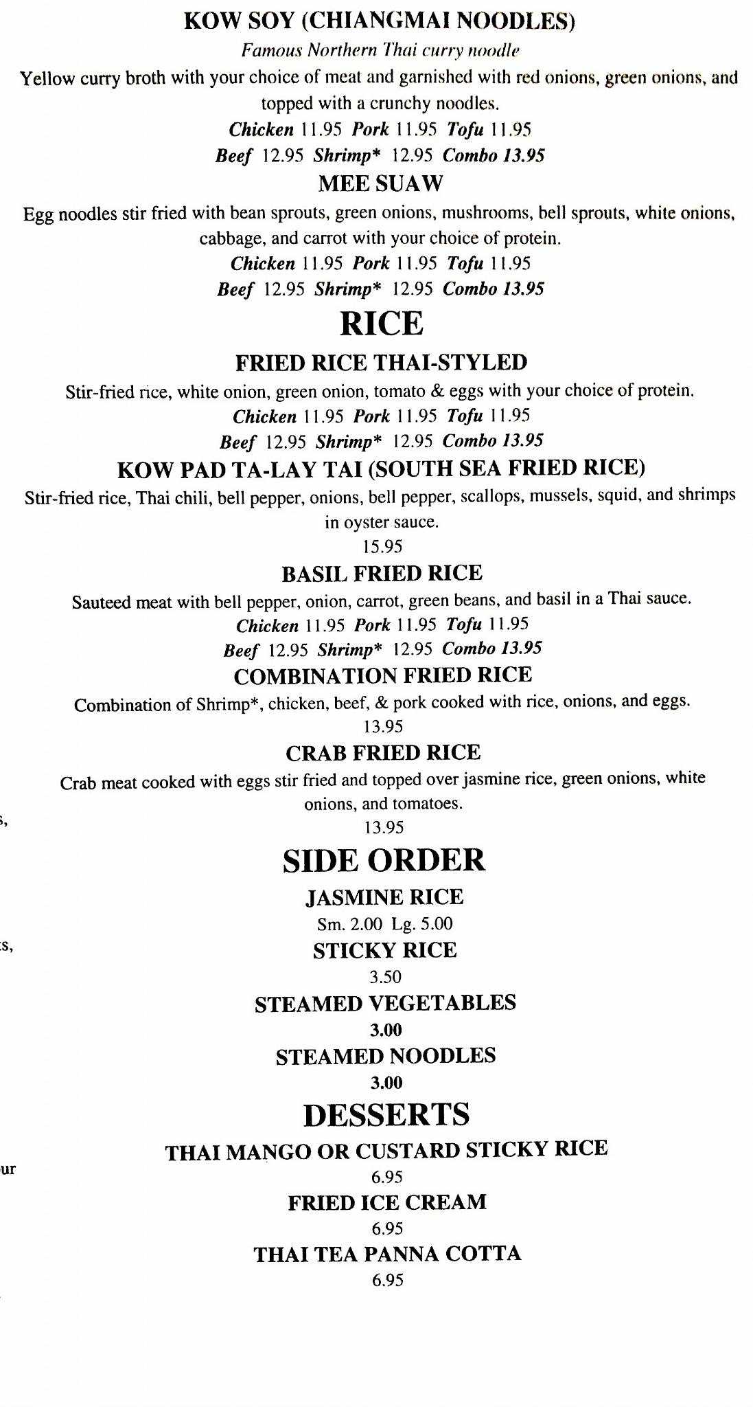 Menu at Secret Thai Restaurant, Chalmette