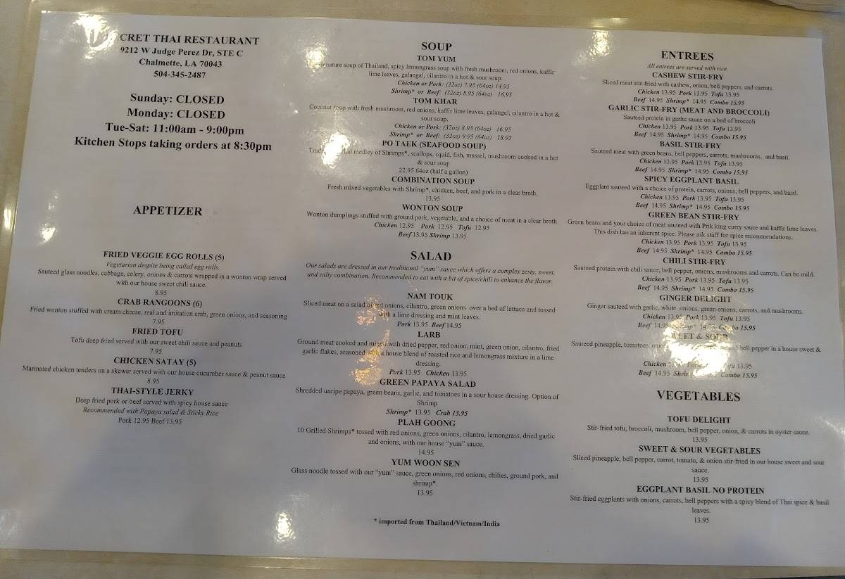 Menu at Secret Thai Restaurant, Chalmette