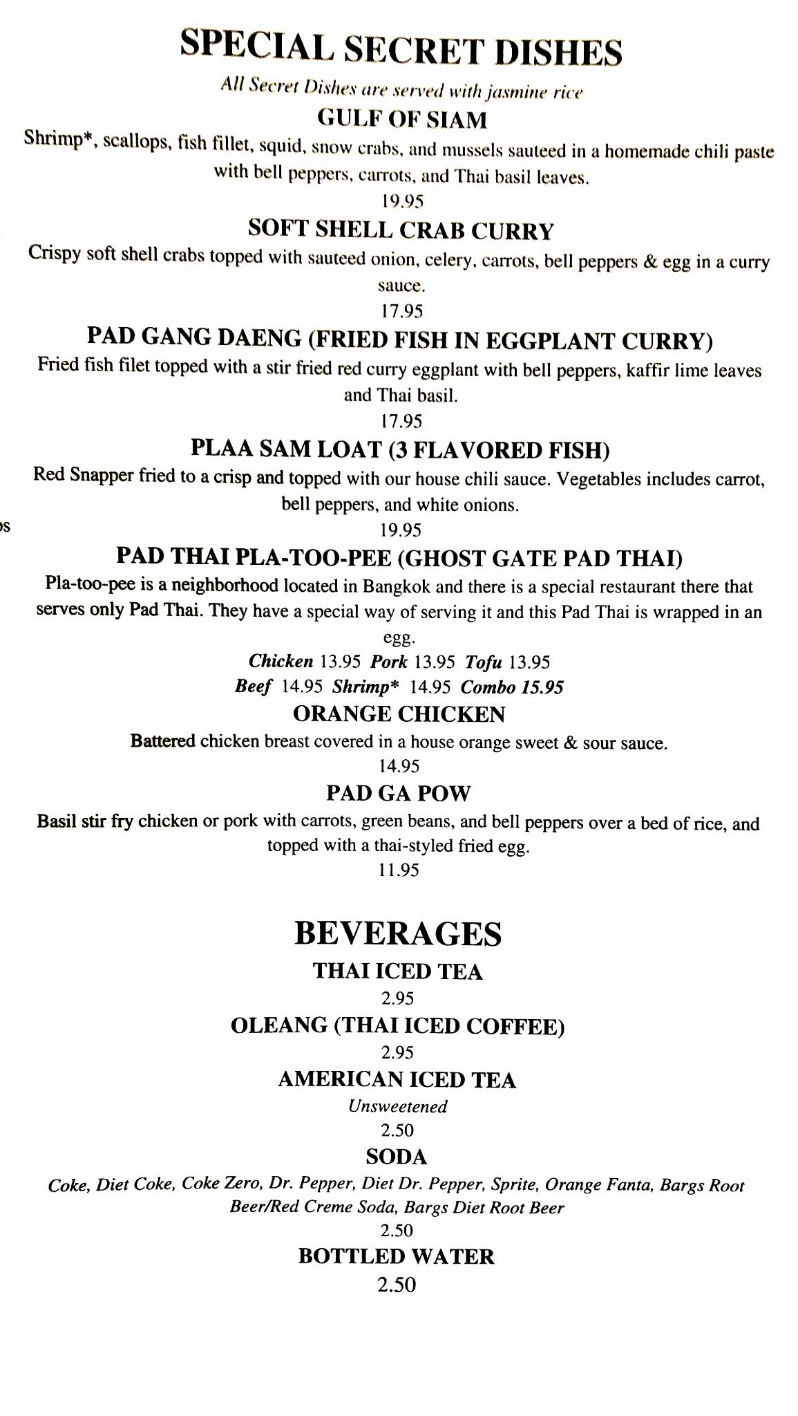 Menu at Secret Thai Restaurant, Chalmette
