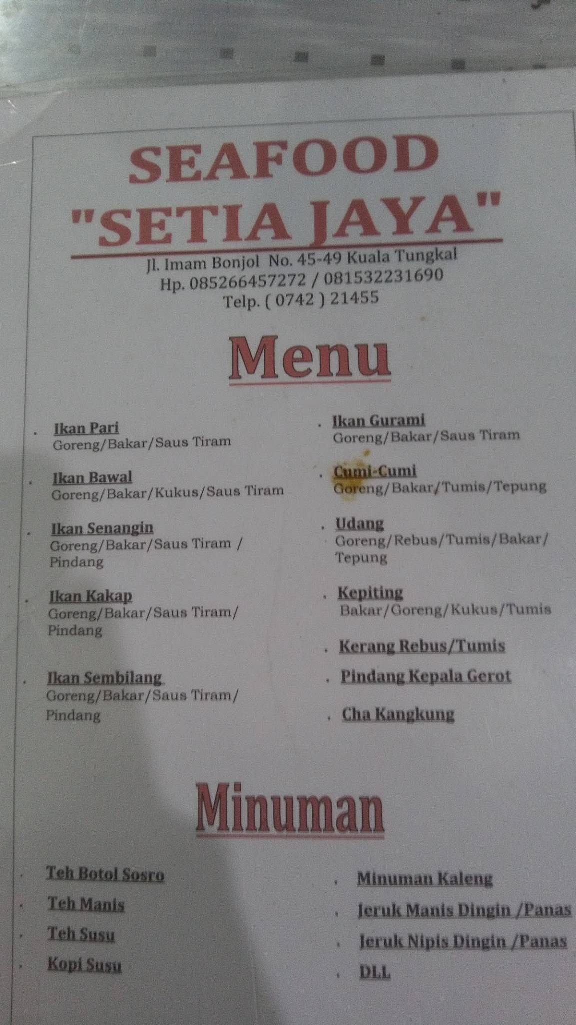 Menu at Setia Jaya restaurant, Tungkal II