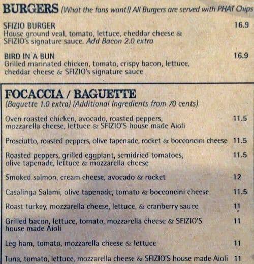 Menu at Sfizio Cucina e Caffé restaurant, Norwood