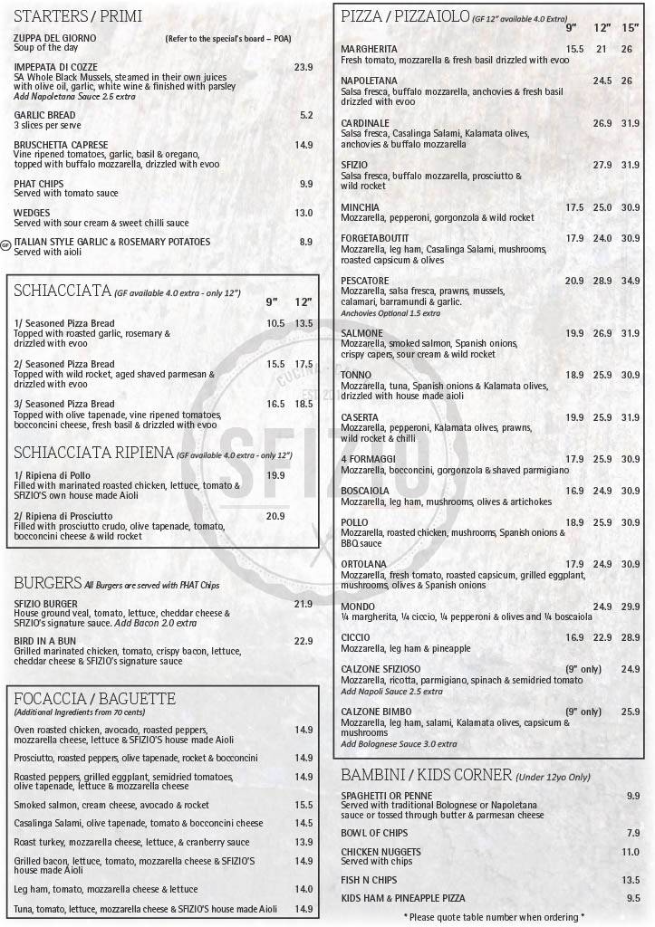 Menu at Sfizio Cucina e Caffé restaurant, Norwood