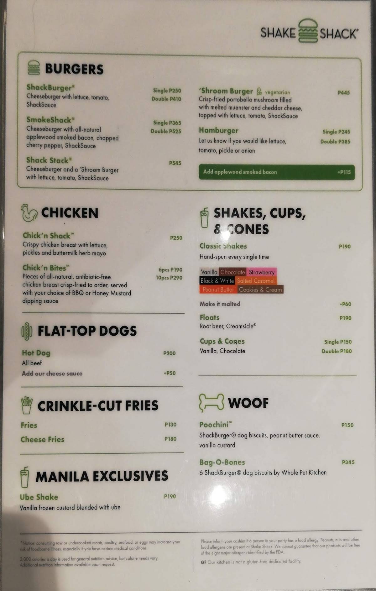 Menu at Shake Shack restaurant, Taguig