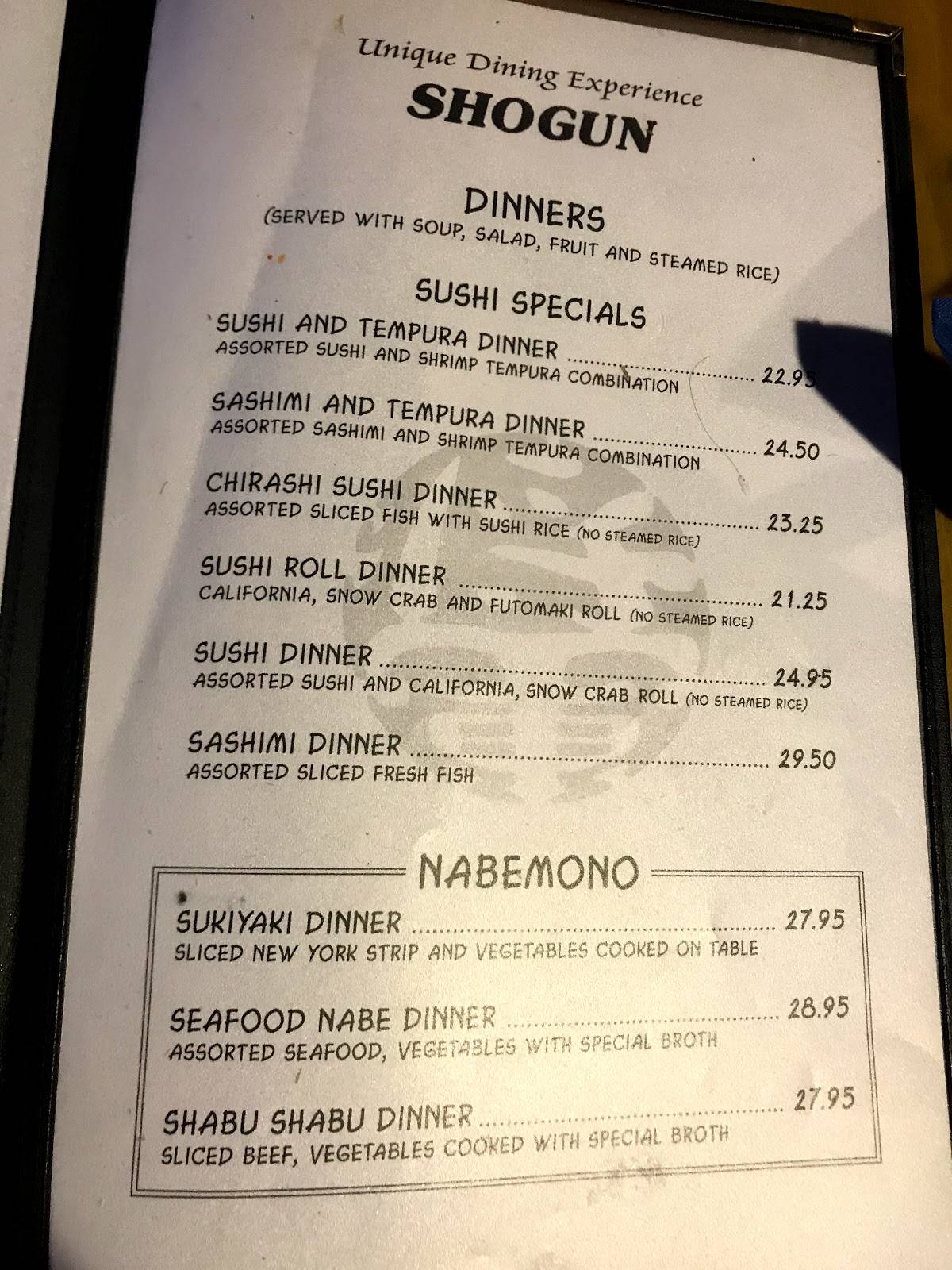 Menu at Shogun restaurant, Metairie