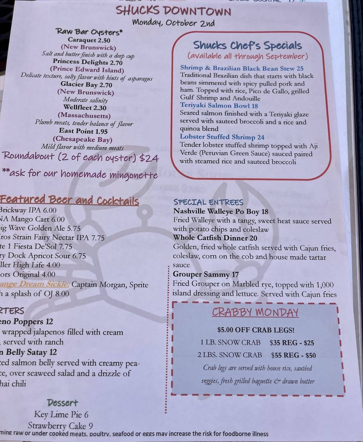 Menu at Shucks Fish House & Oyster Bar, Omaha, Leavenworth St