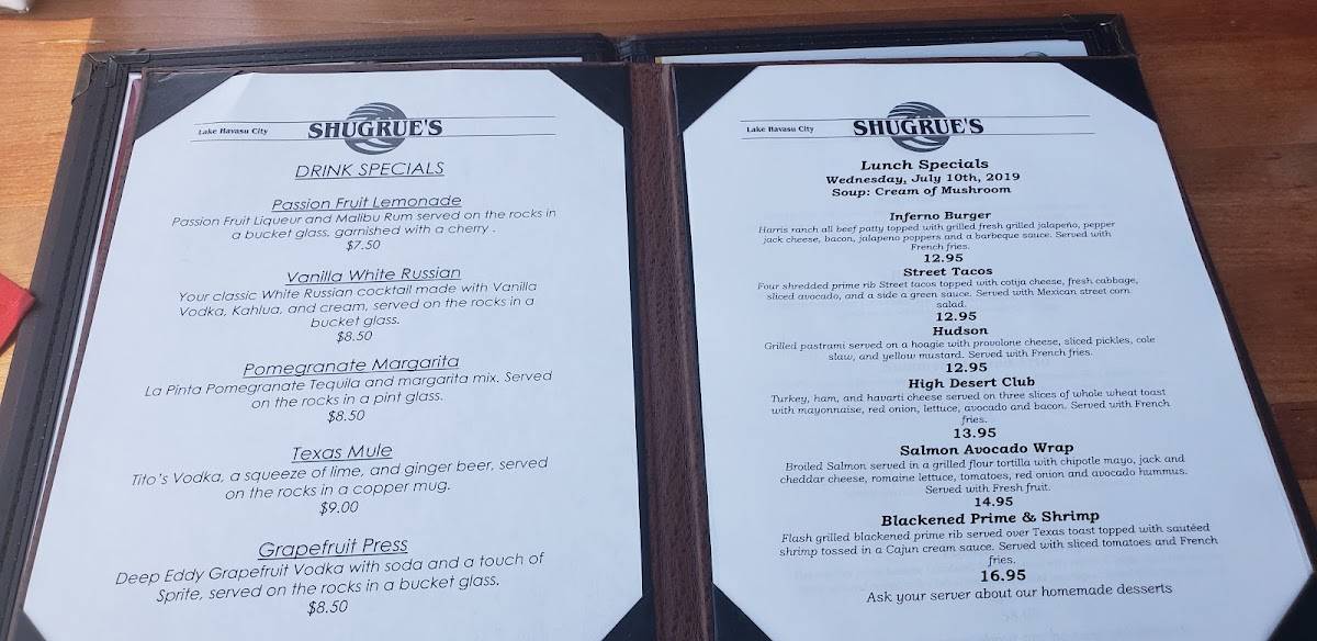 Menu at Shugrue's Restaurant and Brewery Group, Lake Havasu City