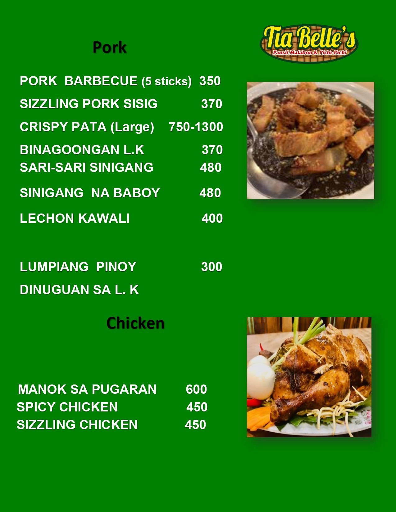 Menu at Tia Belle' Restaurant - Pansit Malabon & Pichi-Pichi, Silang
