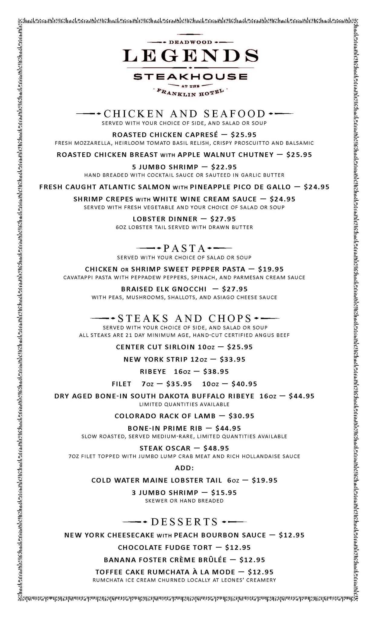 Menu at Silverado Franklin Historic Hotel & Gaming Complex, Legends ...