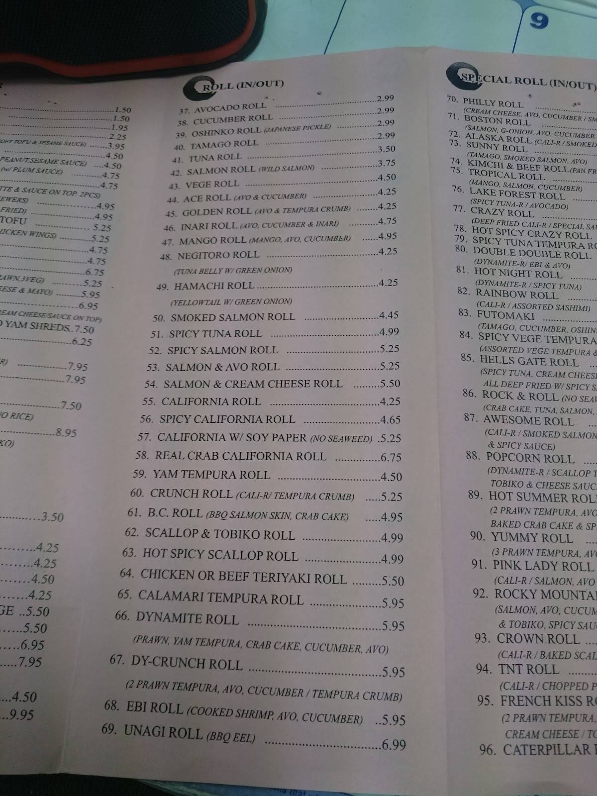 Menu at Sima Sushi restaurant, Sechelt