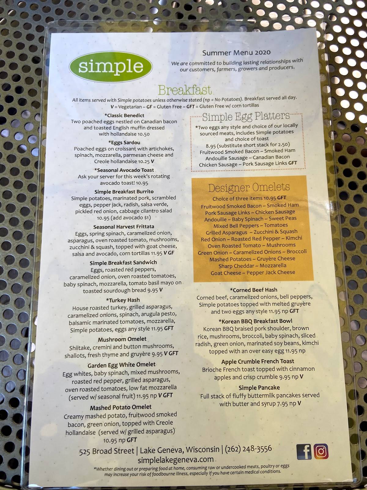 Menu at Simple Café restaurant, Lake Geneva