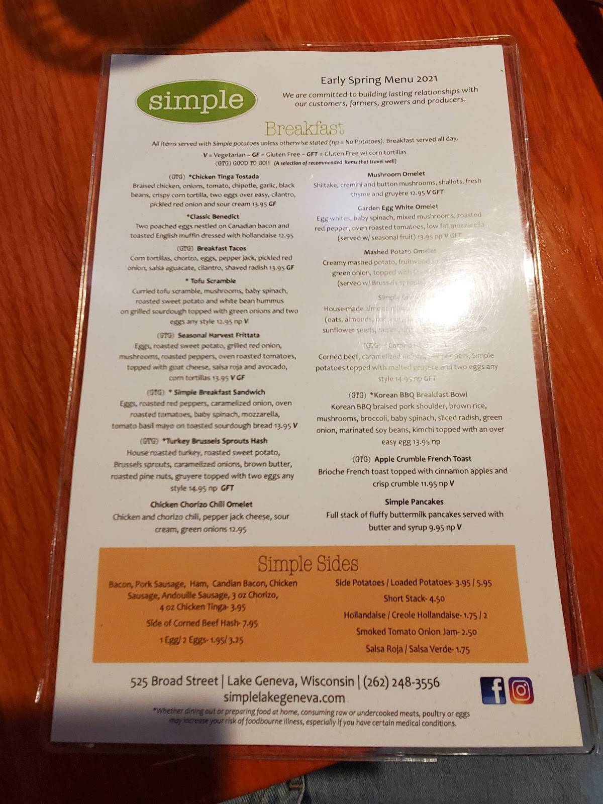 Menu at Simple Café restaurant, Lake Geneva
