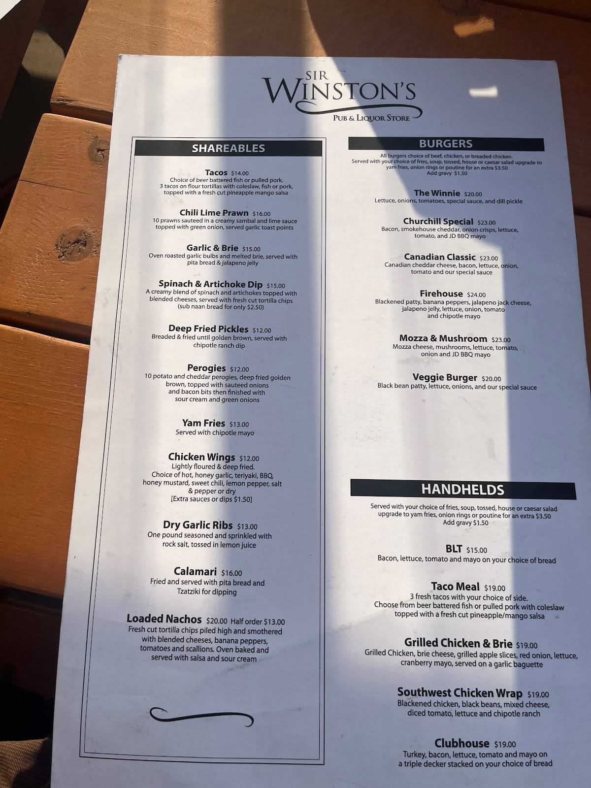 Menu at Sir Winston's Pub, Vernon