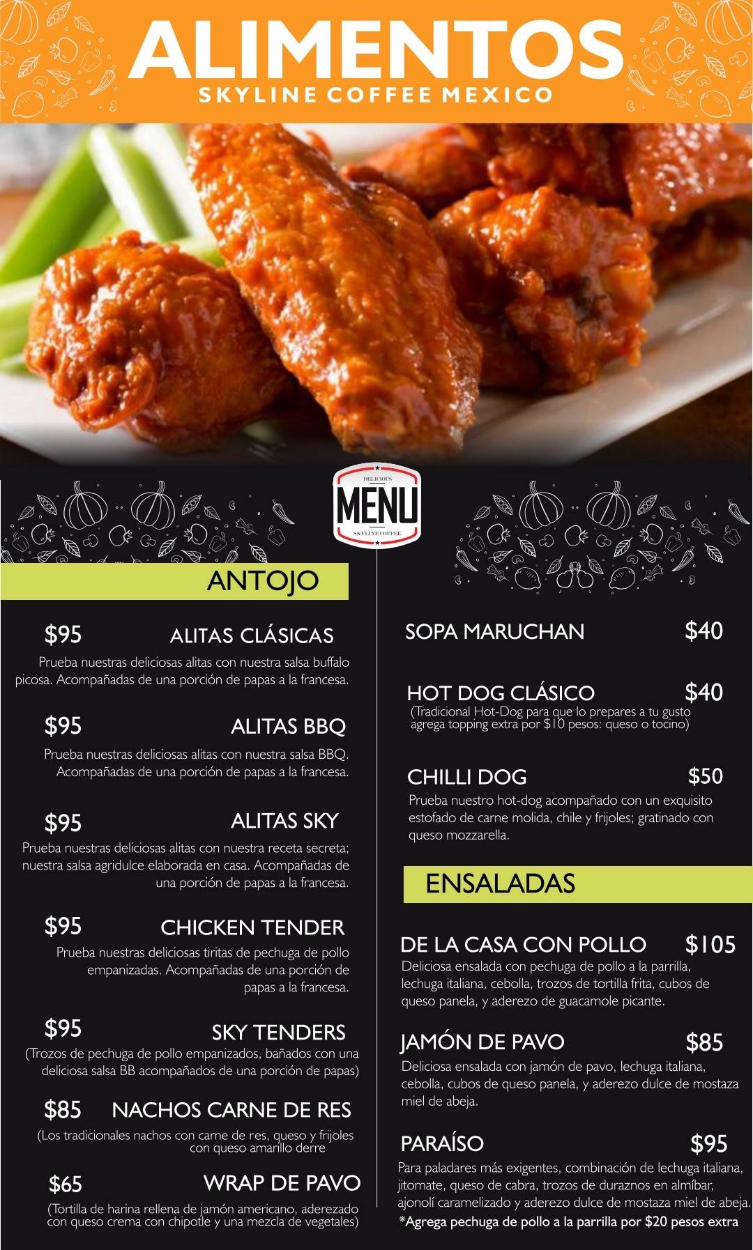 Carta del restaurante Skyline Coffee, Ciudad del México