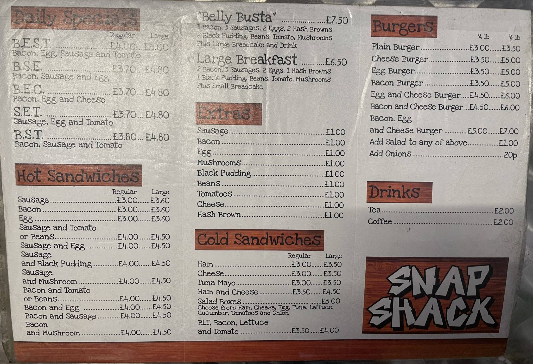 Menu at Snap Shack, Doncaster