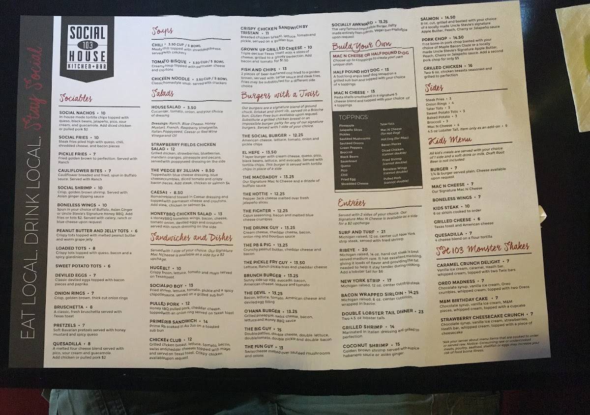 Menu at Social House 103 pub & bar, Dundee