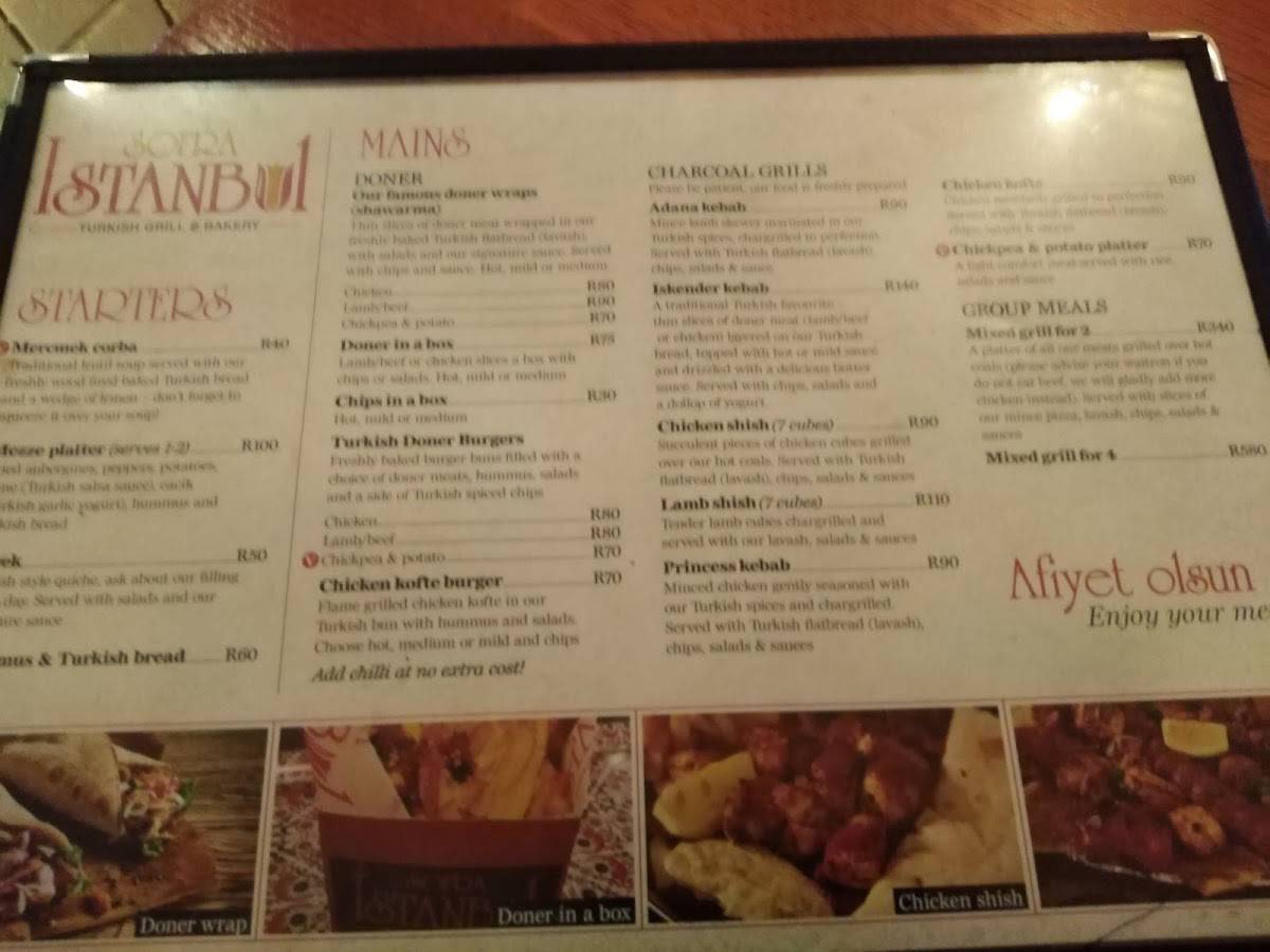 Menu at Sofra Istanbul Florida restaurant, Durban, 245 Florida Rd