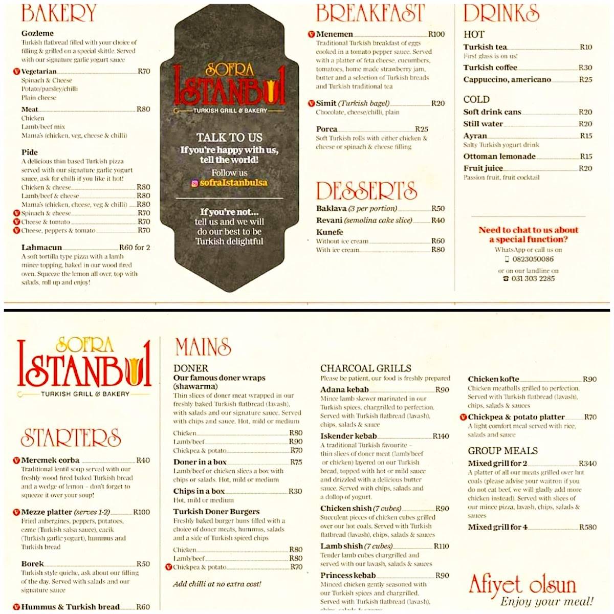 Menu at Sofra Istanbul Florida restaurant, Durban, 245 Florida Rd