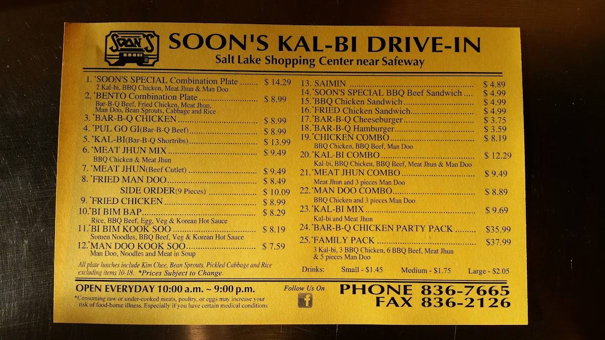 Menu at Soon's Kal Bi Drive In BBQ, Honolulu