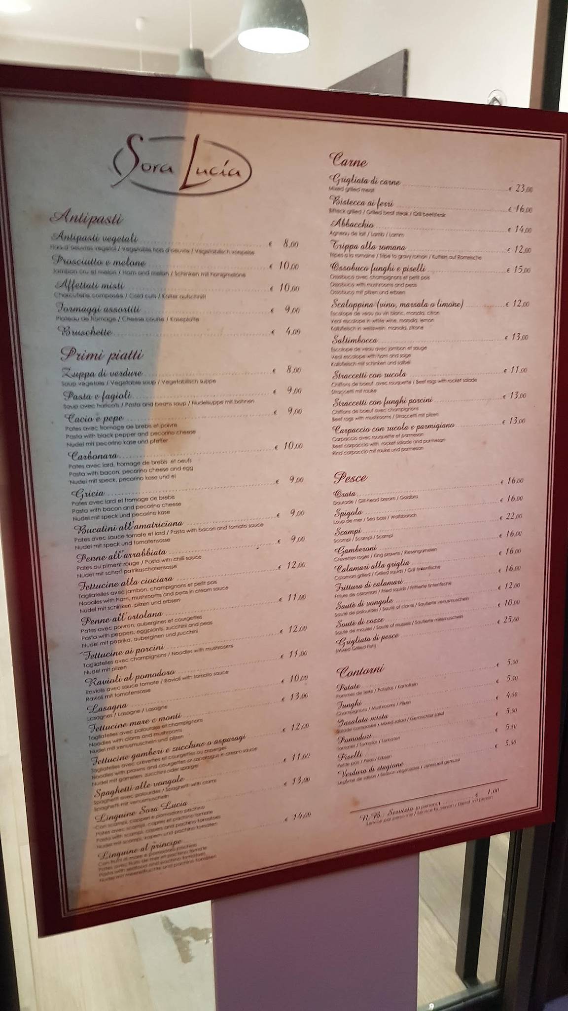 Menu at Sora Lucia restaurant, Rome