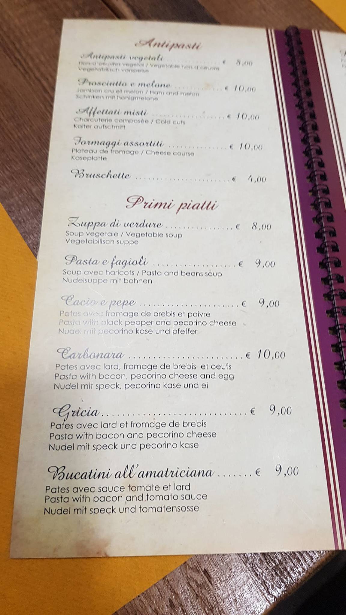Menu at Sora Lucia restaurant, Rome