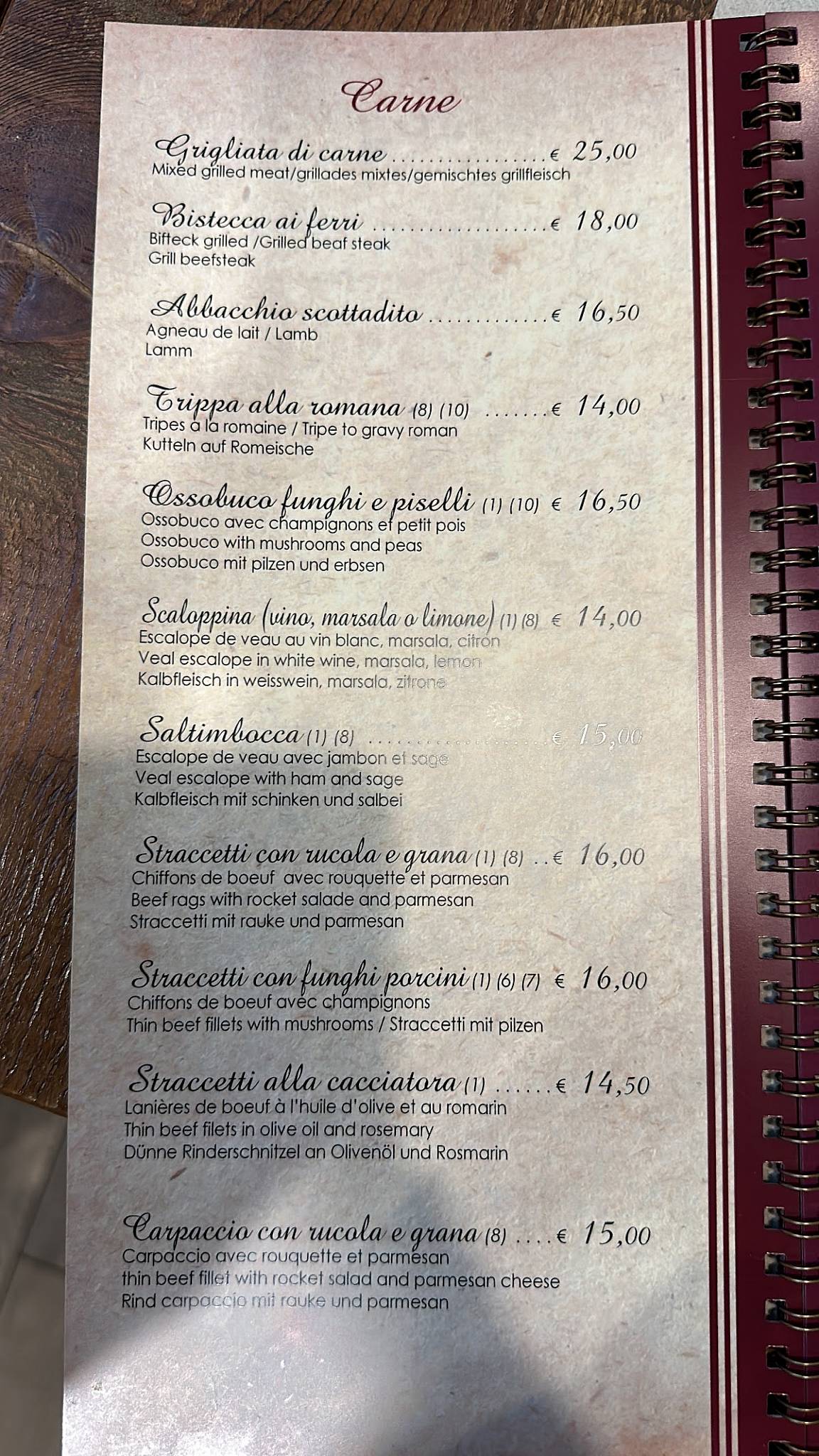 Menu at Sora Lucia restaurant, Rome
